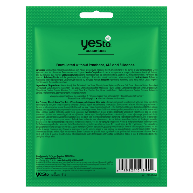 Yes To Cucumbers Calming Paper Mask 1ct : Bath & Beauty fast delivery ...