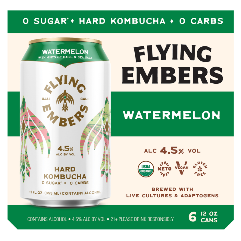 Flying Embers Watermelon Hard Kombucha 6pk 12oz Can 4.5% ABV : Alcohol ...